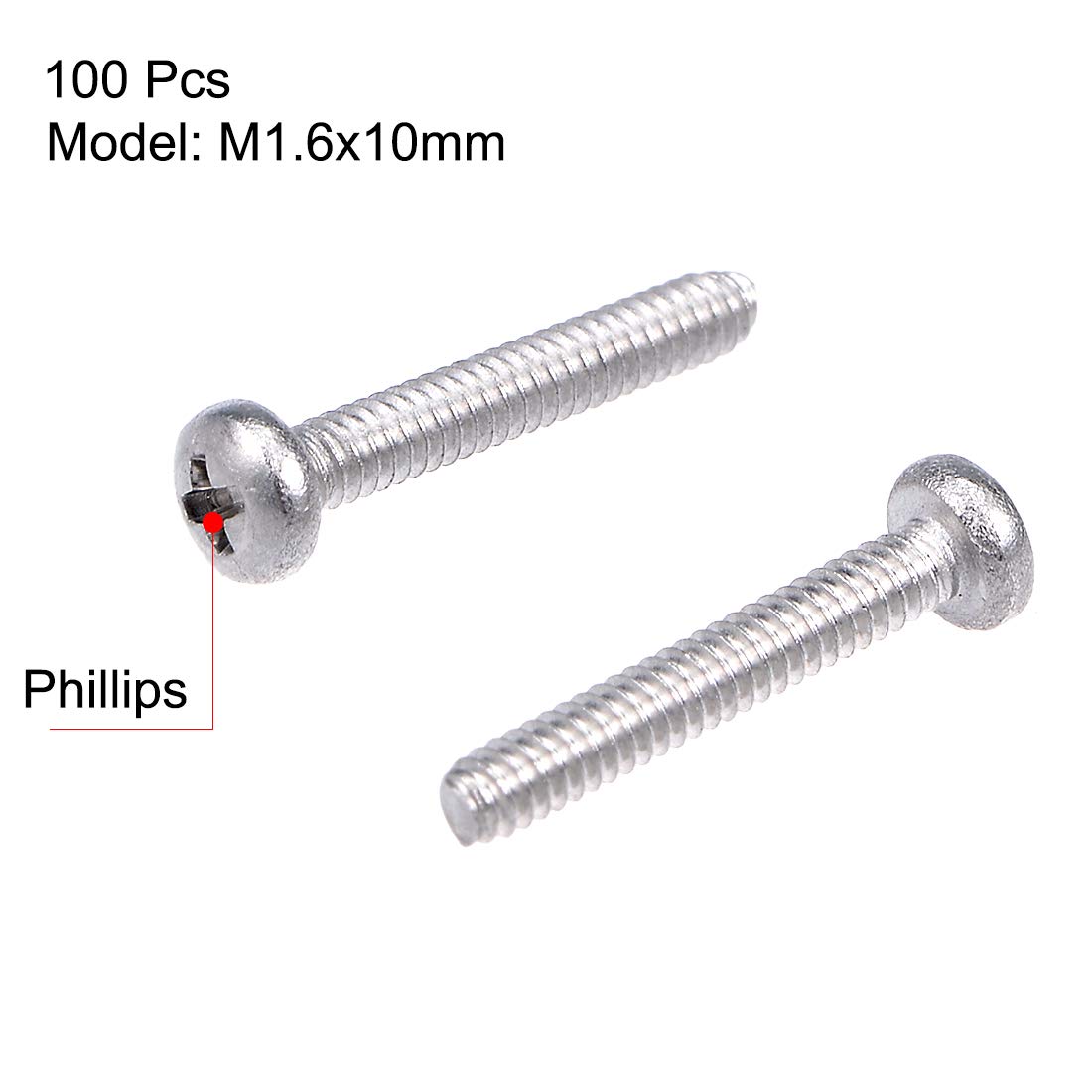 uxcell M1.6x10mm Machine Screws Pan Phillips Cross Head Screw 304 Stainless Steel Fasteners Bolts 100Pcs