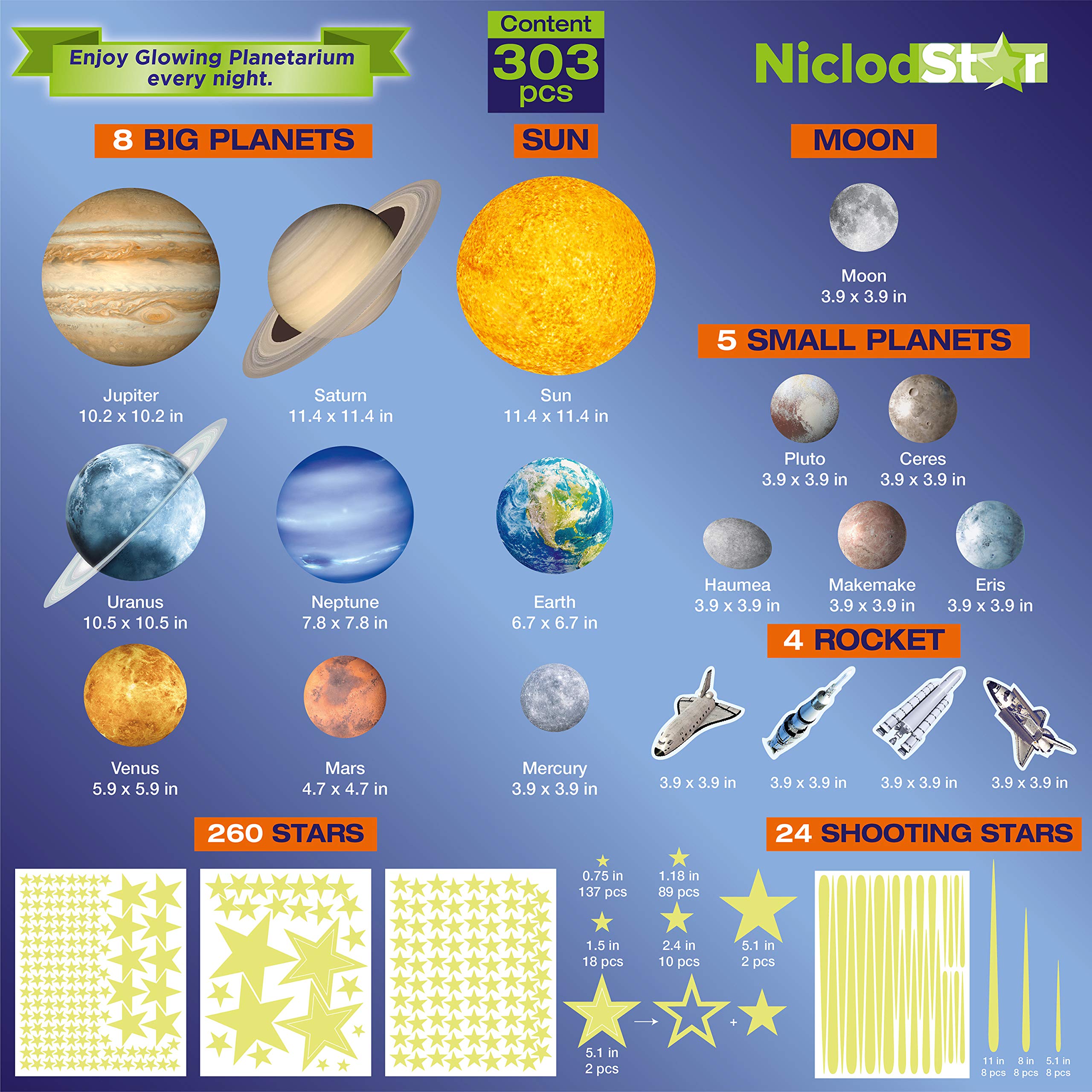 Glow in the Dark Stars and Planets for Ceiling – 303 Solar System Wall Stickers Room Decor, Outer Space Decals, Glowing 14 Planets 1 Moon 4 Rockets 24 Shooting Star 260 Stars Kids Boys Room Decoration