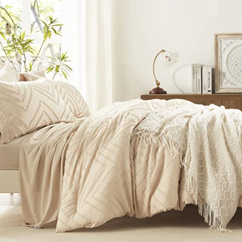 Anluoer Queen Comforter Set, Beige Tufted Bed in a Bag 7 Pieces with comforters and Sheets, All Season Bedding Sets with 1 Comforter, 2 PillowShams, 2 Pillowcases, 1 Flat Sheet, 1 Fitted Sheet