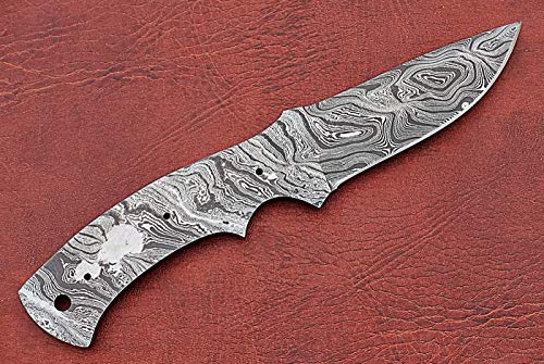 8.5 inches long Drop point blank blade skinning knife, hand forged Damascus steel 4.5" scale space with 3 Pin hole & an inserting hole space 3.75 inches cutting edge