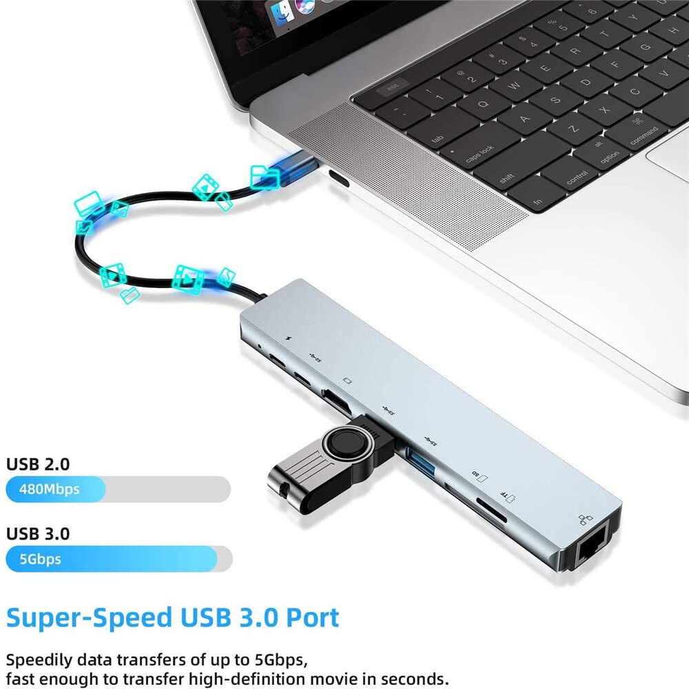 8-in-1 USB-C Hub Docking Station Adapter with 4K HDMI HD Display / 87W USB-C PD3.0 Power Delivery / USB-C Data Transmission / 2 * USB 3.0 / RJ45 Ethernet / Memory Card Readers