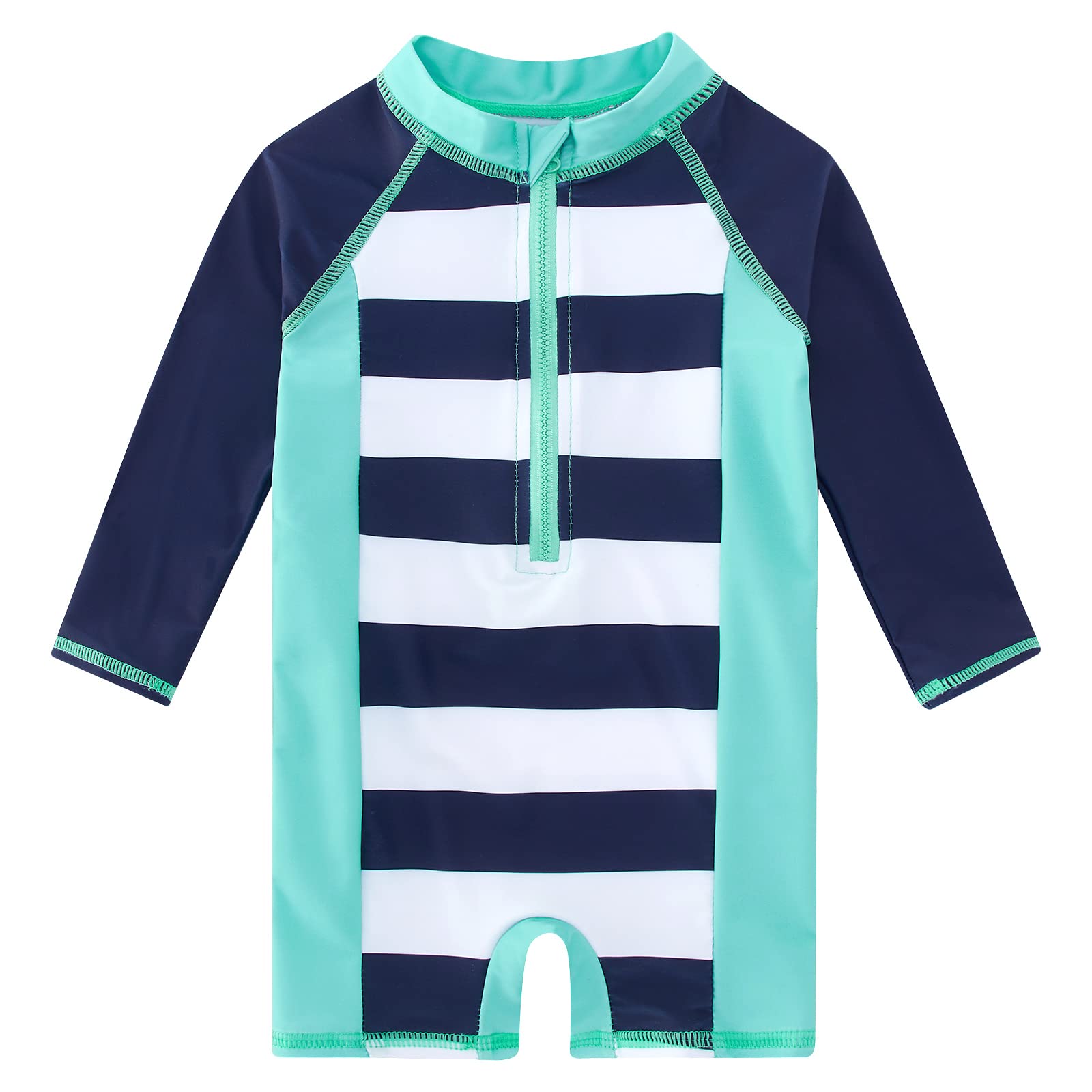Funnycokid Baby Boys Swimsuit 12-18 Months Toddler Rash Guard One Piece UPF 50+ Swimwear Green Striped Long Sleeve Swim Shirt