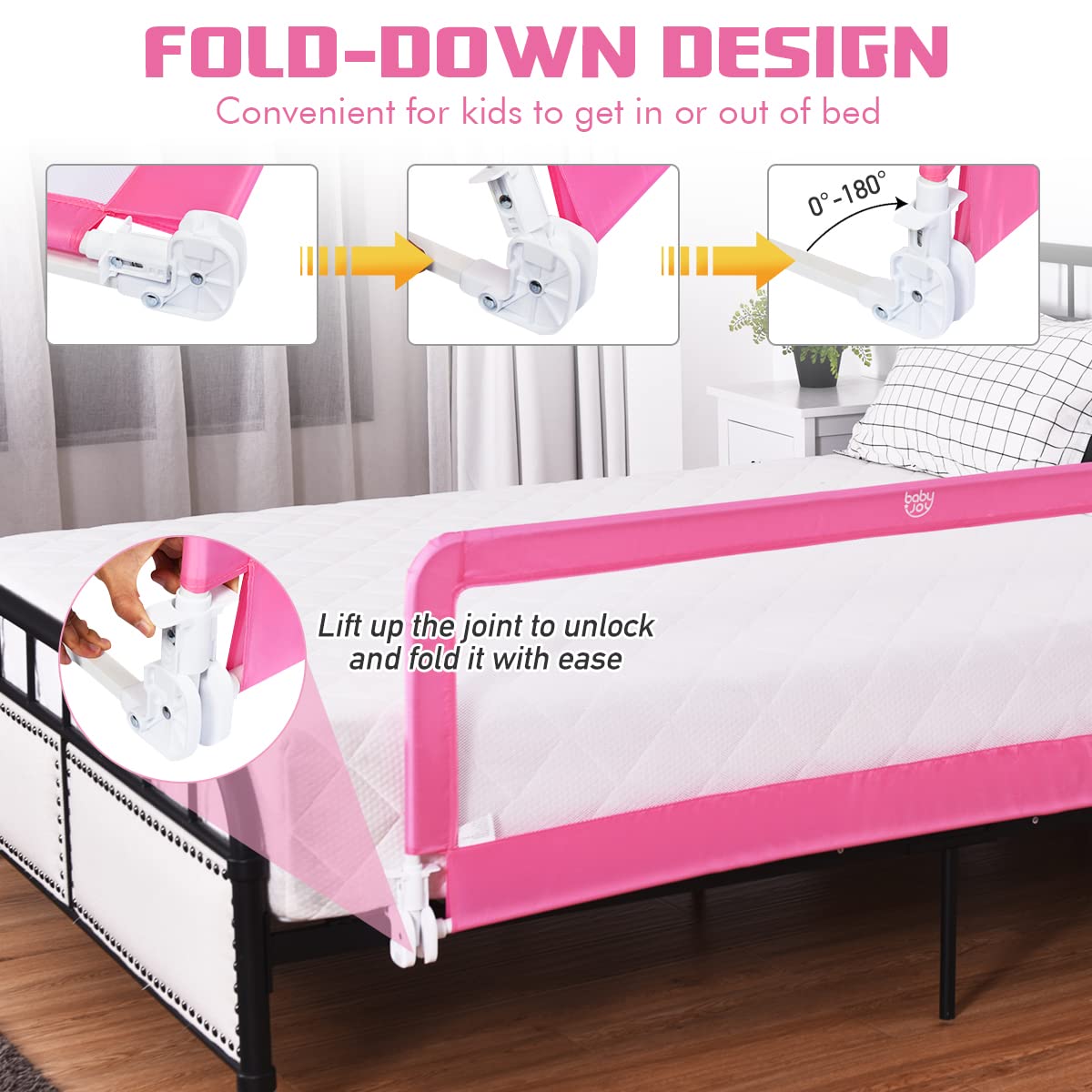 Costzon Bed Rail for Toddlers, 2 PCS Extra Long Swing Down Safety Bed Guards w/Straps for Convertible Crib, Kids Twin, Double, Full Size, Queen & King Bed, Folding Bed Rails for Baby (59-Inch, Pink)