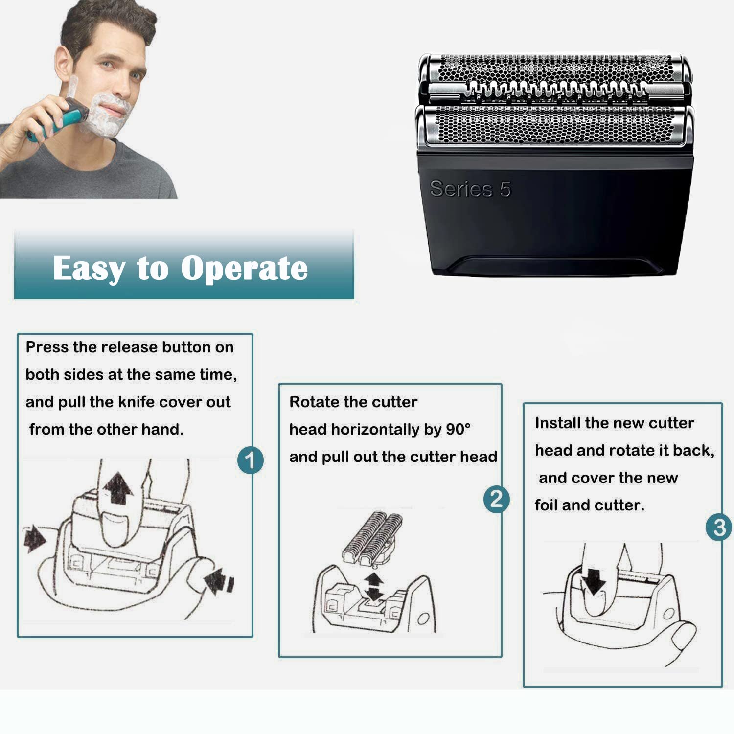 52B Replacement Head Fit for Braun Series 5, 52B Shaver Razor Blades Foil & Cutter Compatible with Braun Models 5018S, 5020CS, 5050CS, 5031S