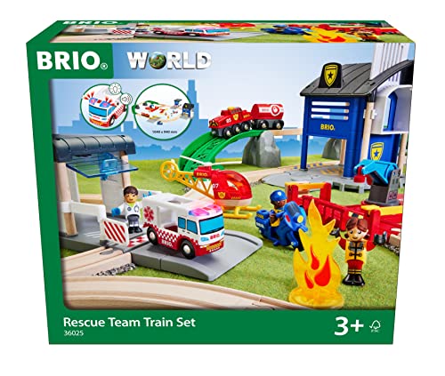 BRIO World – 36025 Rescue Team Train Set | 44-Piece Interactive Toy for Kids Age 3 and Up | Multi-Level Railway Play | FSC-Certified European Beech Wood