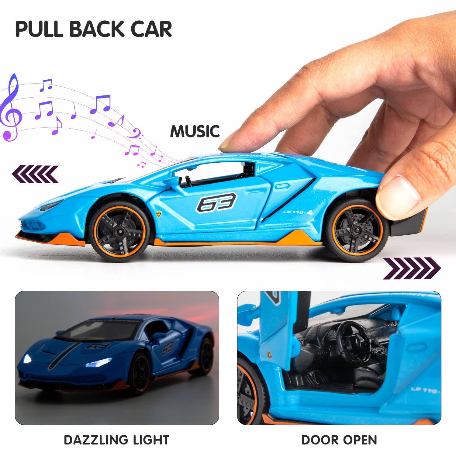 BDTCTK Compatible for 1:32 Lamborghini LP770 Model Car, Zinc Alloy Pull Back Toy Car with Sound and Light for Kids Boy Girl Blue