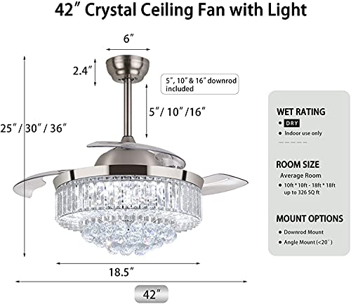 42inches Brushed Nickel crystal Ceiling Fan Indoor with Light and Remote,Ceiling Fans Retractable Blades Bedroom Ceiling Fan with Lights and Remote Control LED Ceiling Fan Light Kit