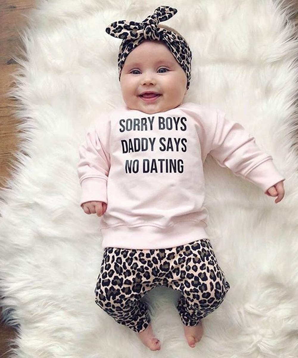 Newborn Baby Girls Clothes Daddy Saying Top Printed T-Shirt Leopard Pants+Headband Sweatshirt Outfit Set (A-Daddy Says, 0-6 Months)