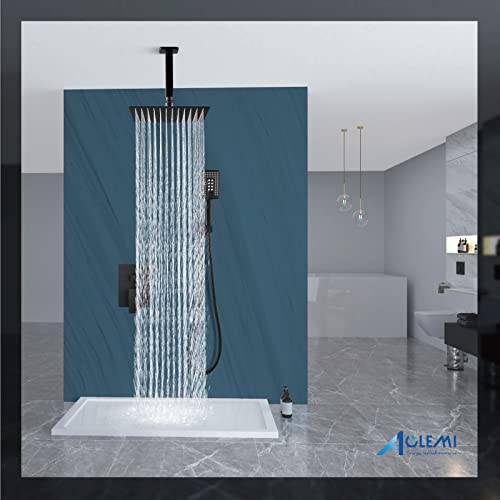 Aolemi Matte Black Shower System Ceiling Mount 12 Inch Rain Shower Head with 3 Functions ABS Handheld Spray Luxury High Pressure Shower Combo Set Rough-in Valve and Shower Trim Included Bathroom