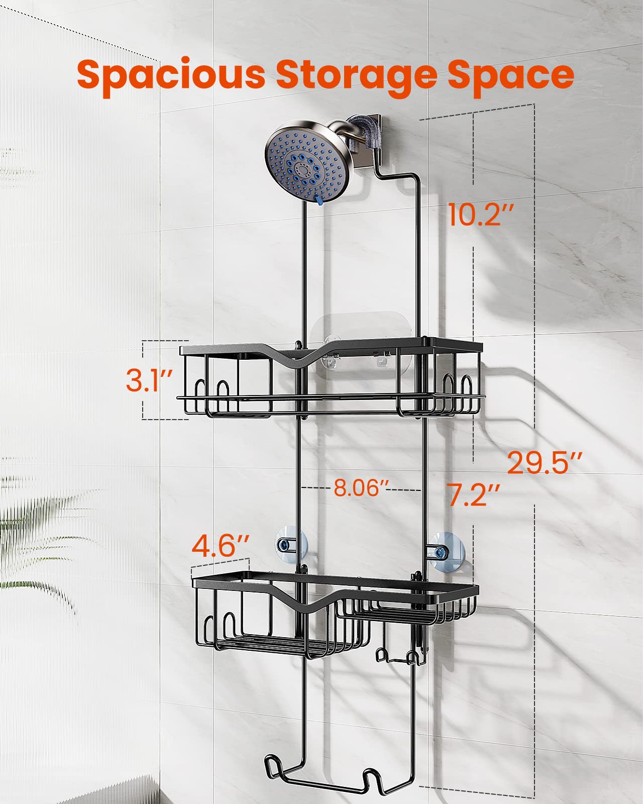 AMADA Hanging Shower Caddy, Shower Caddy Over Shower Head, Rustproof Stainless Steel Shower Organizer with Soap Holder & Hooks, Shower Rack for Shampoo, Sponges, Towels, No Drilling Required, Black
