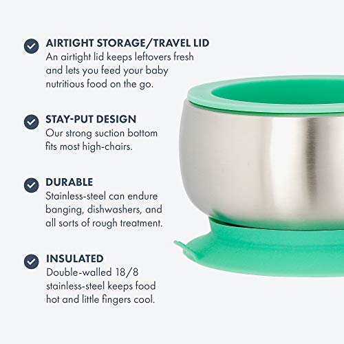 Avanchy® Stainless Steel Baby Bowls and Spoon Removeable Suction, Storage Lids Set for Babies Kids Toddler First Food Feeding Gray Baby Spoon