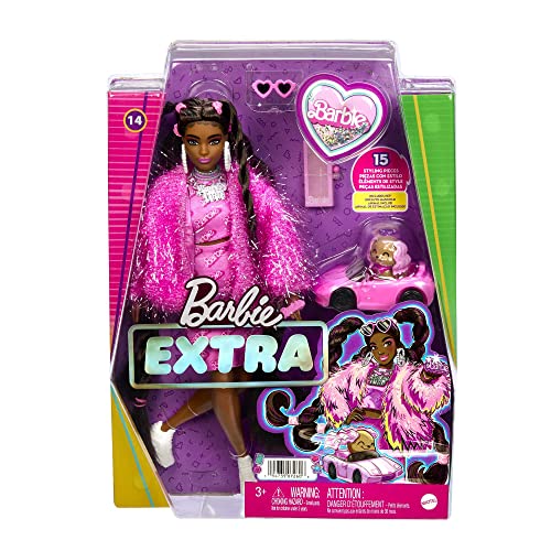 Barbie Extra Doll & Accessories with Long Brunette Styled Hair in Pink 2-Piece Outfit with Sparkly Jacket & Pet Puppy