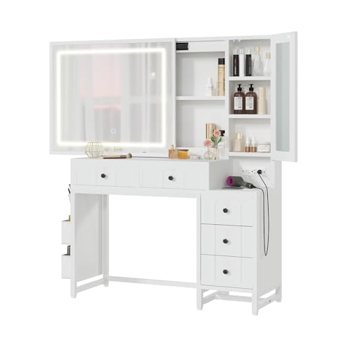 Breezestival Vanity Desk with LED Lights Mirror, White Makeup Vanity with Power Outlet & 5 Drawers, Dresser with Storage Shelves & Side Pocket for Bedroom, Dressing Room, 3 Adjustable Light Colors