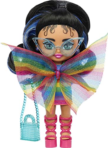 Barbie Extra Mini Minis with Blue-Streaked Black Ponytail Wearing Rainbow Dress & Accessories & Stand, 3.25-inch