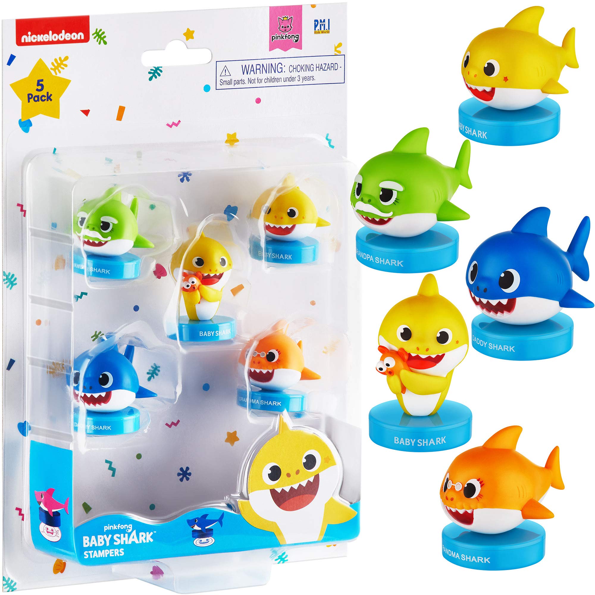 Baby Shark Toy Stampers Set of 5 – Self-Inking Baby Shark Toys, Action Figures, Party Decor, Birthday Party Supplies, Cake Toppers – Parent, Baby, Grandparent Sharks and William - Party Decor (B)