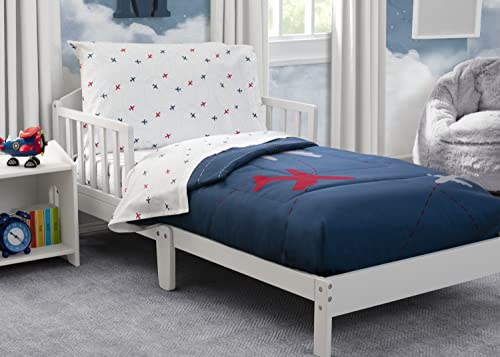 Delta Children 4 Piece Toddler Bedding Set for Boys - Reversible 2-in-1 Comforter - Includes Fitted Comforter to Keep Little Ones Snug, Bottom Sheet, Top Sheet, Pillow Case - Airplane Flight Plan