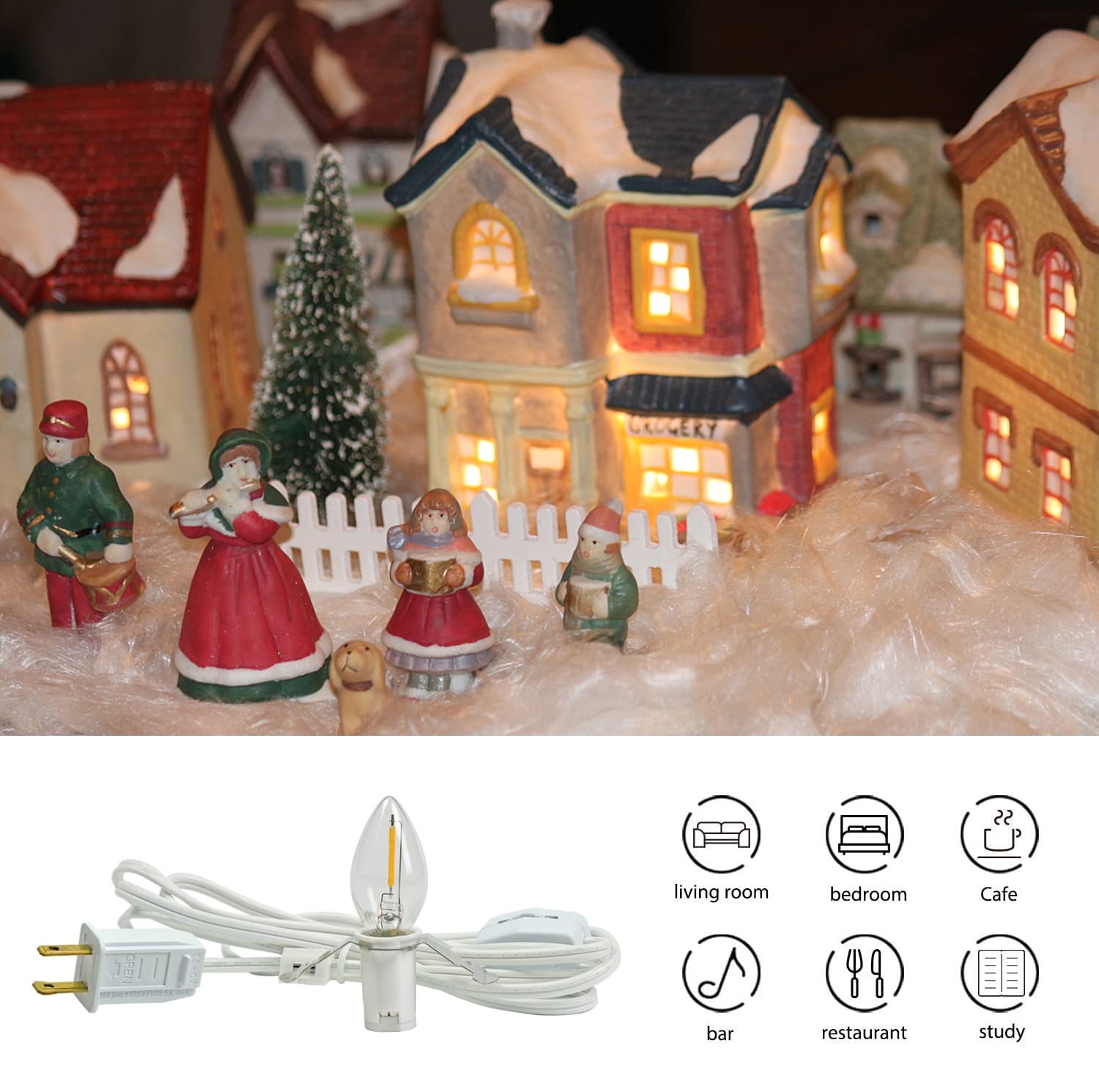 4 Pack Lights Accessory Cord with 4 C7 Led Light Bulb, Clip-in Lamp Cord Replacement, Candelabra-Base E12 Socket White Cord with On/Off Switch Pluggs for Holiday Decorations