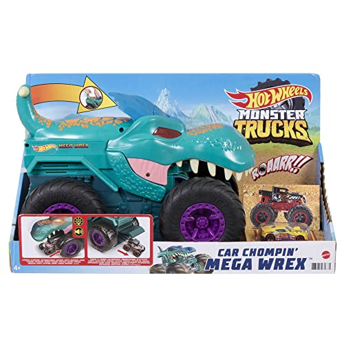 Hot Wheels Monster Trucks Car Chompin' MEGA-Wrex, Large Toy Monster Truck & 1:64 Scale Toy Car, "Eats" & "Poops" 1:64 Scale Vehicles