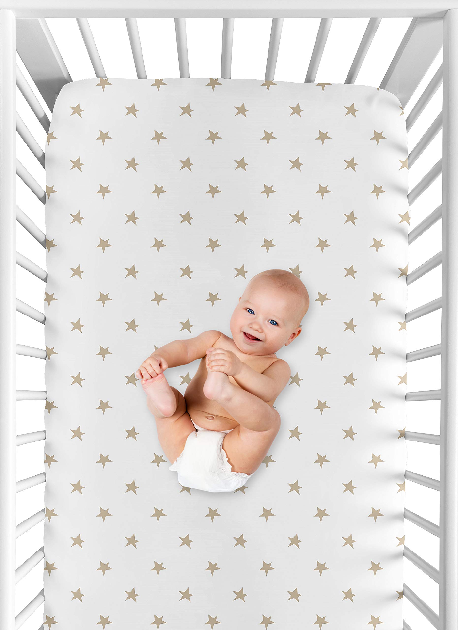 Gold and White Star Baby or Toddler Fitted Crib Sheet for Celestial Collection by Sweet Jojo Designs