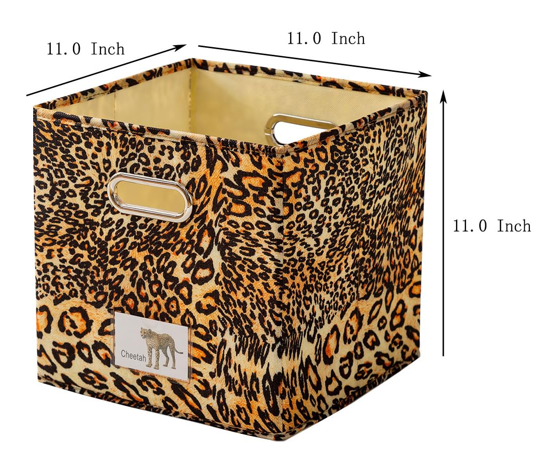 BeigeSwan Foldable Animal Leopard [Set of 4] Cube Storage Bins, Collapsible Fabric Organizer Container Boxes w/ Handles – 11 x 11 x 11 Inches