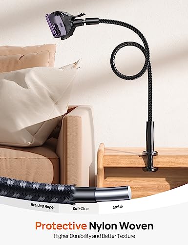 Aomiker Gooseneck Phone Holder for Bed - [2023 Upgrade Nylon Braid] 38” Flexible Lazy Arm Clip, 360 Adjustable Overhead Phone Mount for iPhone 14 13 12 11 Pro Max Mini Plus, all 4-7" Cellphone - Black