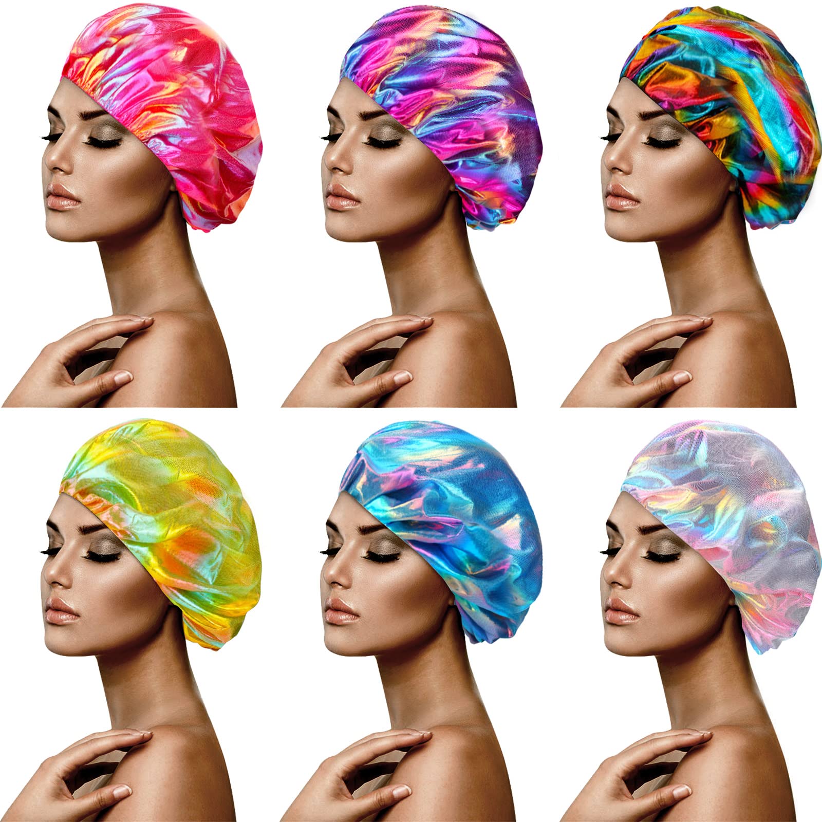 6 Pieces Satin Sleep Cap Elastic Hat Adjustable Satin Bonnet Colorful Hair Bonnet for Women Girls (Solid Color)……