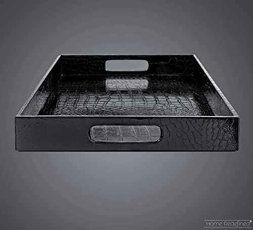Home Redefined 18”x12” Rectangle Alligator Faux Leather Decorative Serving Tray with Handles, Black