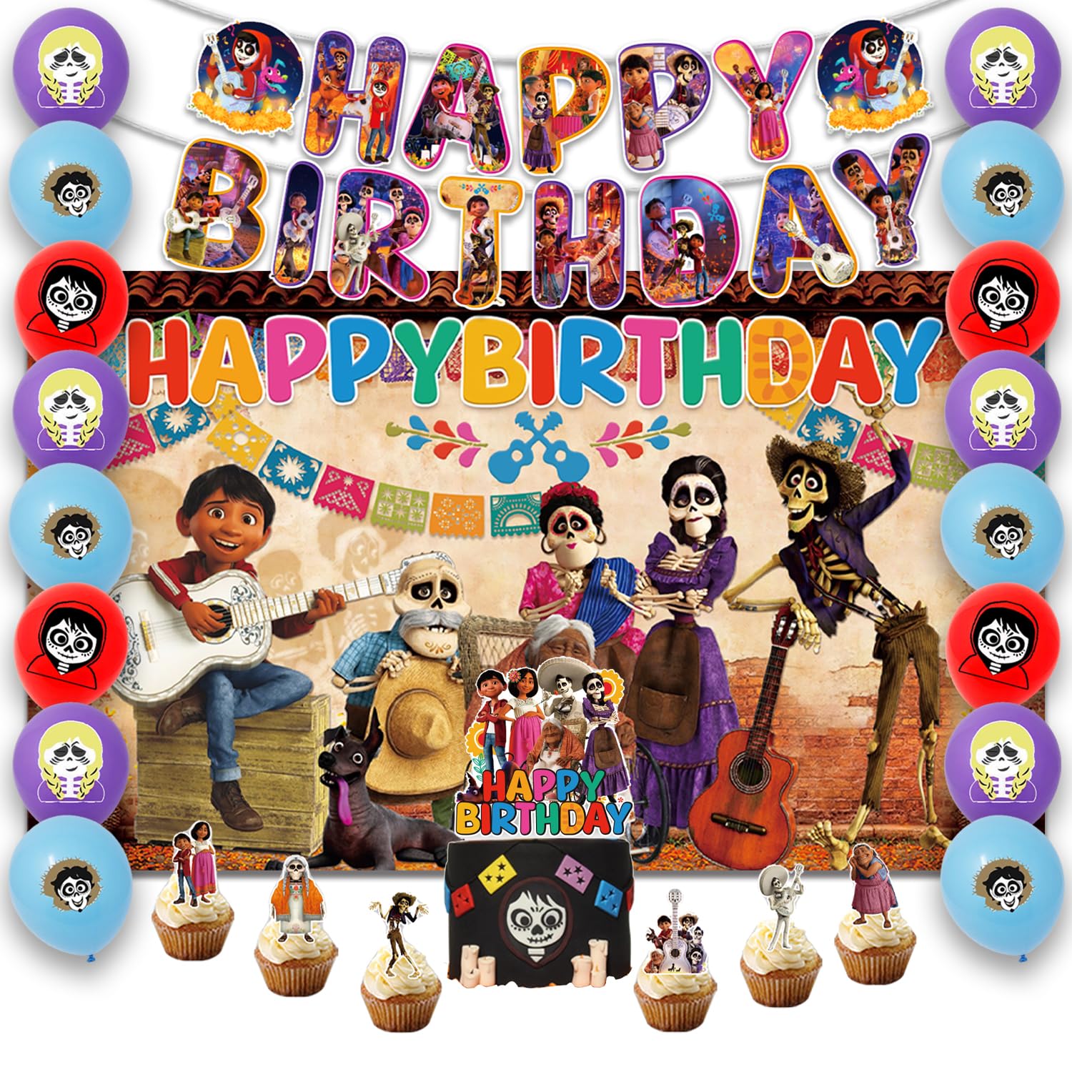 42pcs Coco Birthday Party Supplies Pack Includes,Banner,Cake Topper,Blackdrop,Balloons for Coco party supplies