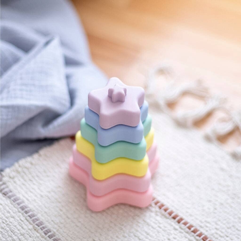 Baby Step Silicone Baby Stacking Rings - Teething Rings Toy, Star Shaped Soft Sensory teether, Early Developmental Educational Baby Travel Toy 6 Pieces Portable Montessori Toys