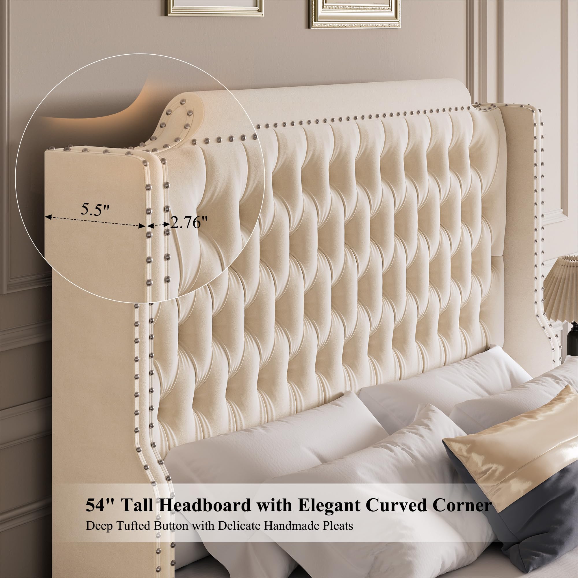 HOSTACK King Size Platform Bed Frame with 54" Tall Wingback Headboard & Deep Button Tufted Footboard, Velvet Upholstered Bed Frame with Handmade Pleats, Nailhead Trim, No Box Spring Needed, Cream