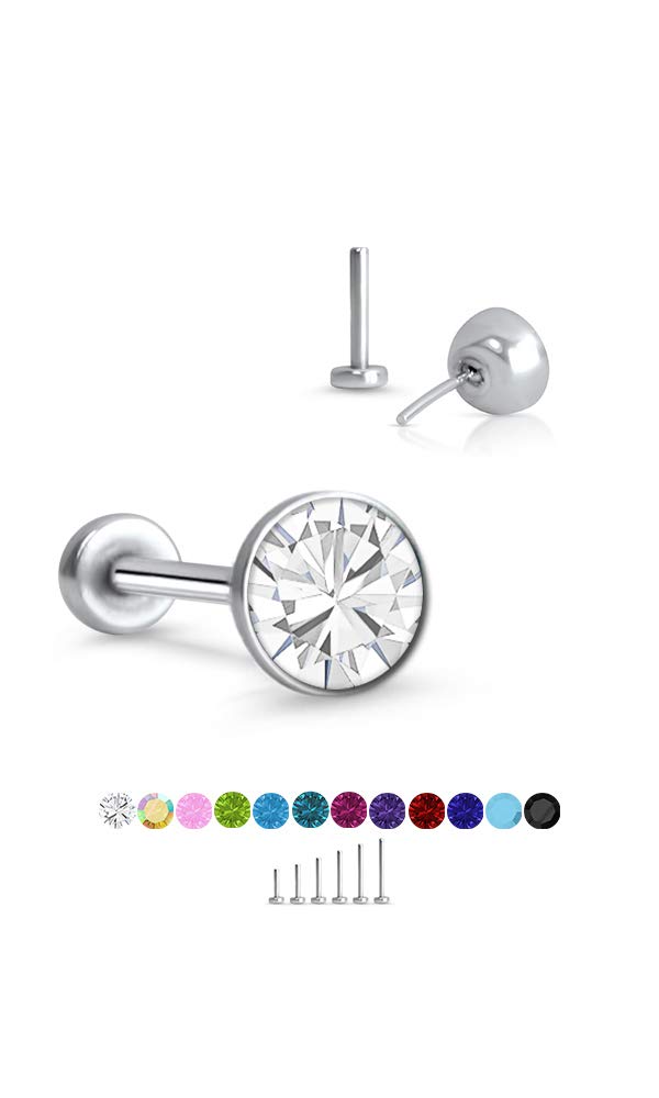 316 Stainless Steel Threadless Push Pin Nose Ring Labret Monroe Stud 4mm Glued Teal CZ 18G