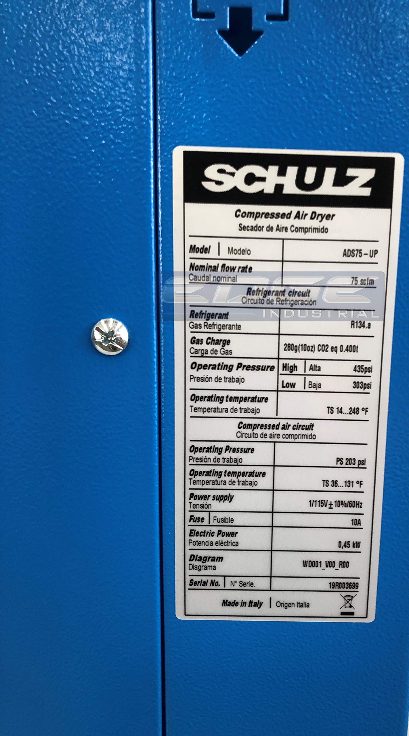 SCHULZ REFRIGERATED AIR DRYER FOR AIR COMPRESSOR, COMPRESSED AIR SYSTEMS, 75 CFM, GOOD FOR 15HP & 20HP COMPRESSORS (STAND ALONE DRYER)