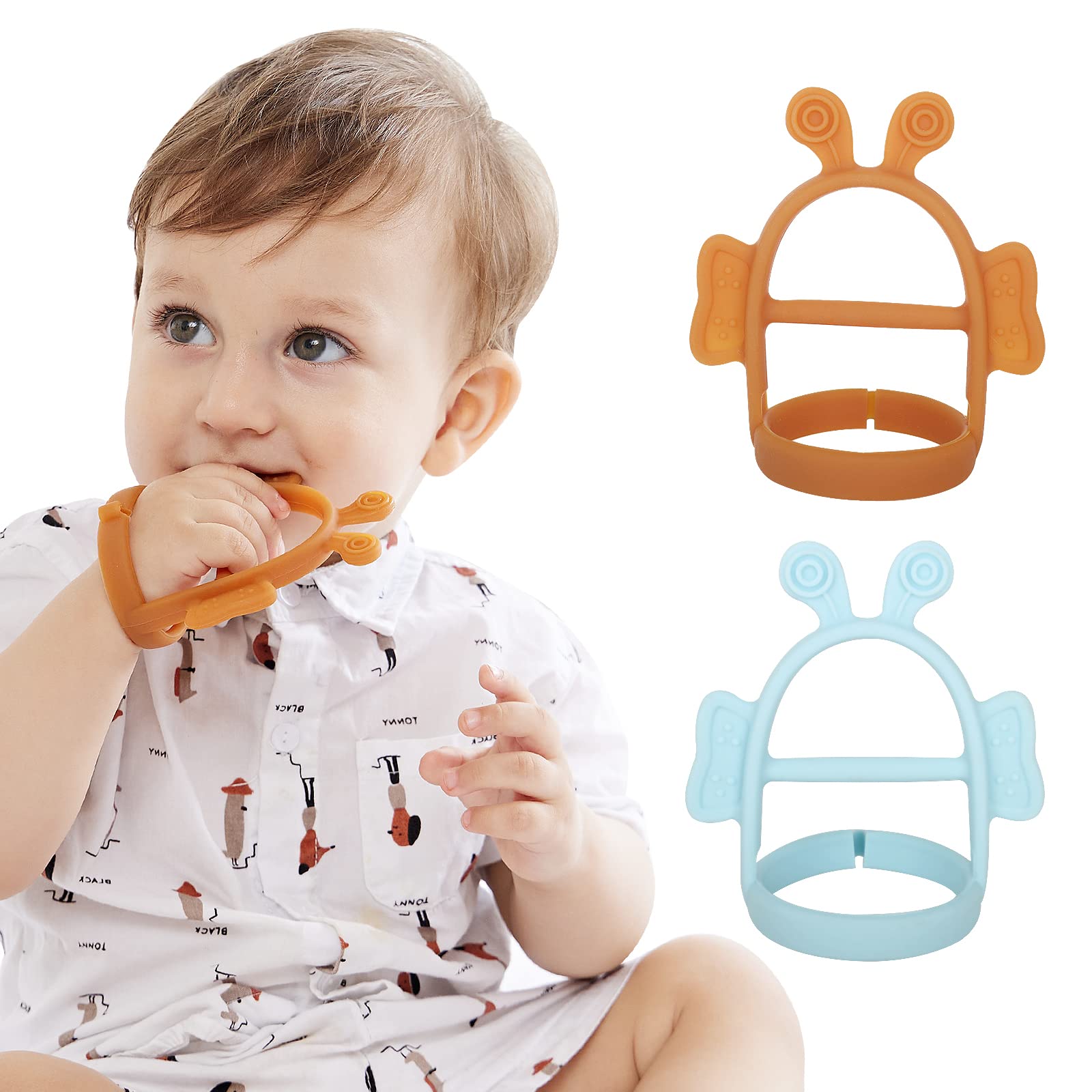 Adjustable Baby Wrist Teethers for Babies Never Drop Silicone Baby Teething Toys for 0 6 12 Months Infants Toddlers Baby Chew Toys for Sucking Needs (Bee-Blue+Brown)