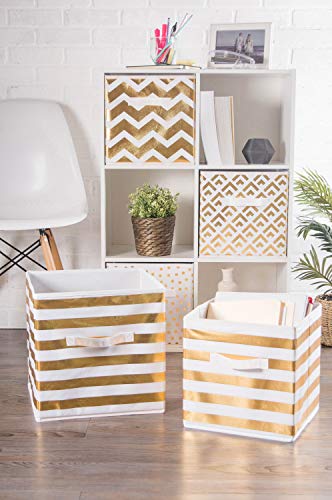 DII Non Woven Polyester Metallic Diamond Storage Bin, Small Set of 2, White/Gold