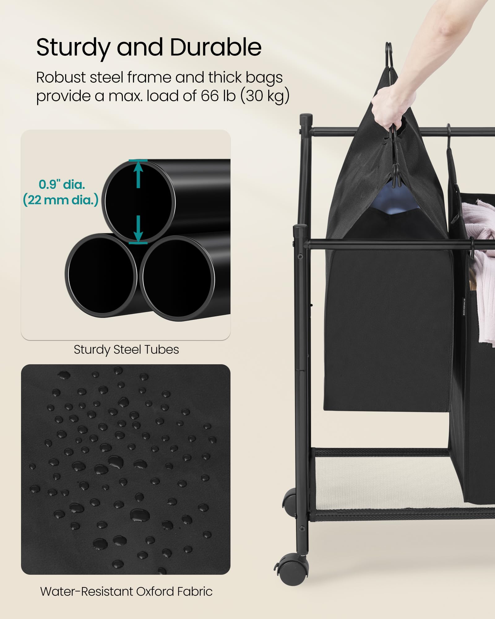 SONGMICS Laundry Sorter, Rolling Laundry Basket with 3 Removable Bags, Laundry Hamper, Laundry Cart, for Laundry Room, Bedroom, Bathroom, 3 x 11.9 Gallons, Ink Black URLS102B01