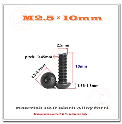 50pcs M2.5×10mm Black Alloy Steel Button Head Round Head Hex Socket Cap Screw Bolt ISO7380 Black Oxide