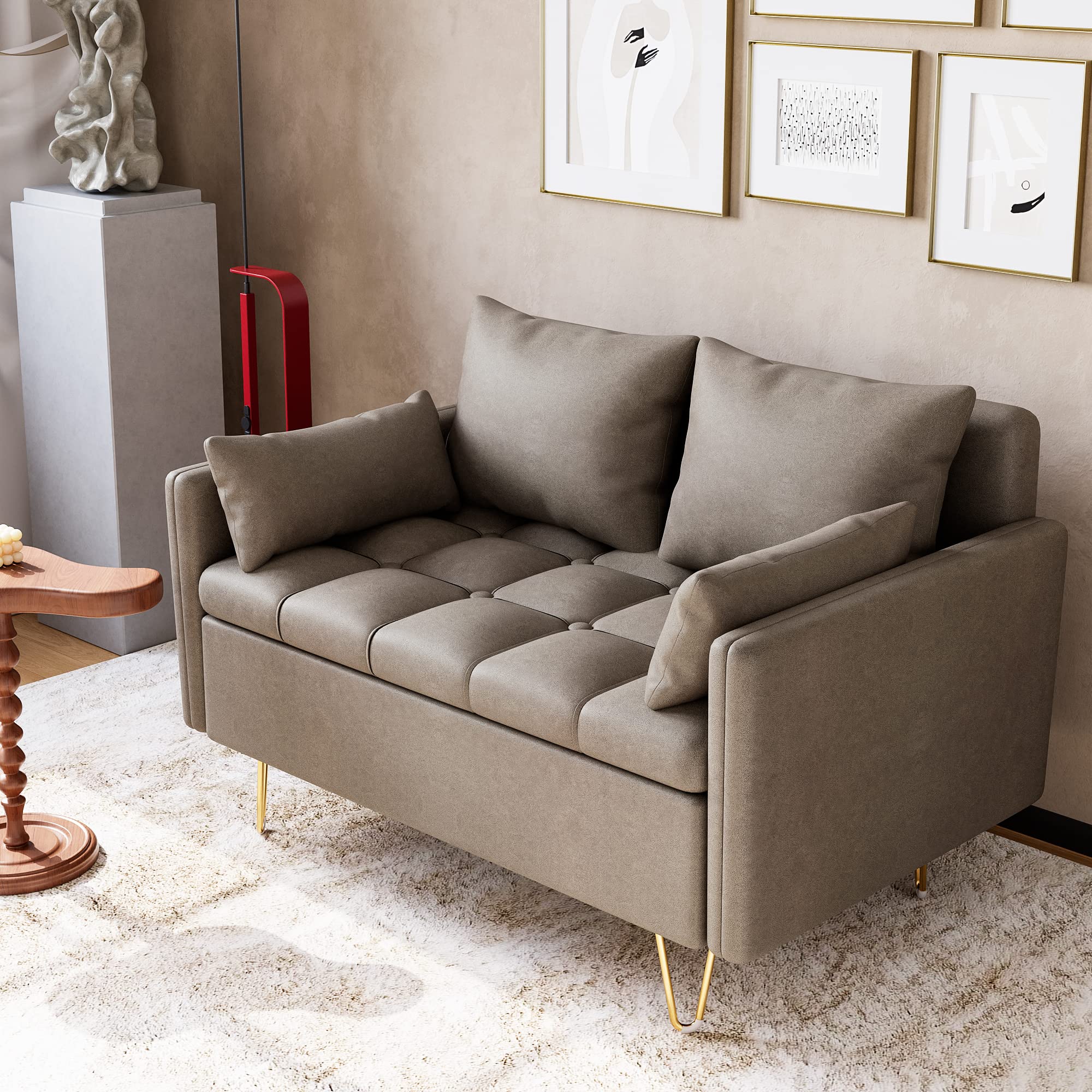 44.5 Inch Small Modern Loveseat Sofa Couch with Storage Under Seat Cushion, Comfy Leather Fabric 2-Seat Sofa with 4 Pillows,Memory Foam, for Small Spaces, Living Room, Bedroom, Dark Brown