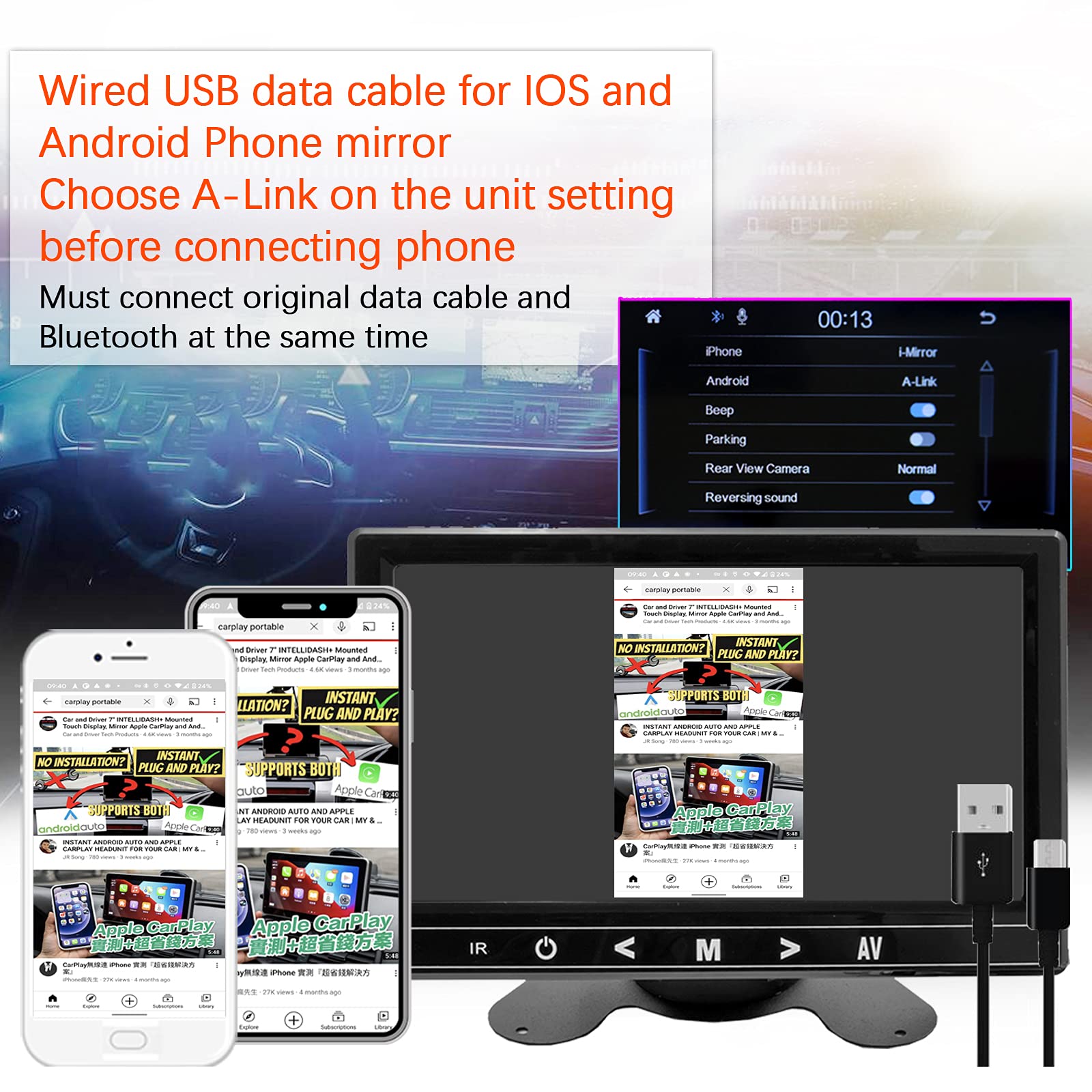 Binize Portable Carplay Screen Navigation, Portable 7 Inch Car Stereo Radio Compatible with Car Play & Android Auto, Touch Screen, Mirror Link ,Bluetooth for All Vehicles & Trucks