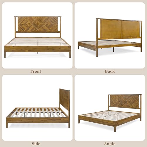 Bme Ethan Solid Wood King Bed Frame with Diamond Headboard - Rustic & Mid-century Modern - Acacia Wood Platform Bed - Compatible with All Mattresses - No Box Spring Needed - Rustic Dark Brown