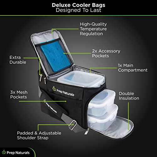 Insulated Lunch Box For Men - Meal Prep Lunch Bag Women/Men. Small Cooler Bag Includes 3 Lunch Containers and Ice Packs. Adjustable shoulder strap. By Prep Naturals