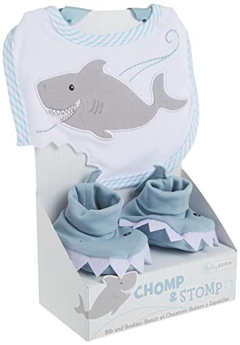 Baby Aspen Bib and Booties Gift Set, Chomp and Stomp Shark, 0-9 Month