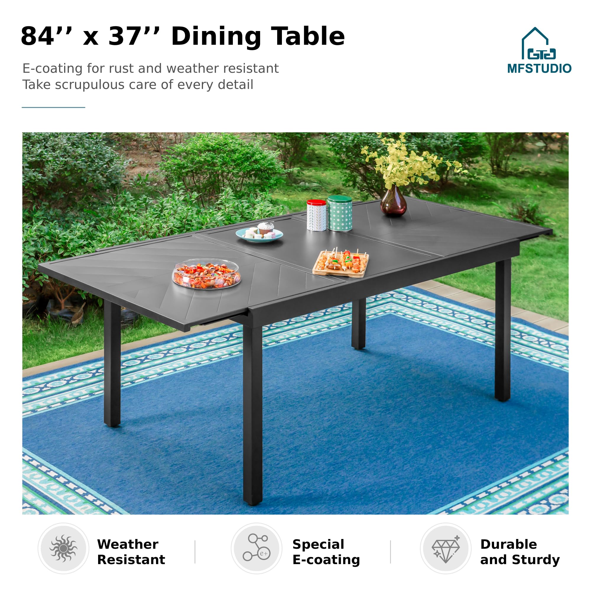 MFSTUDIO 9PCS Outdoor Patio Dining Set with 8 Metal Chairs and Expandable Rectangular Dining Table for 6-8 People, Patio Conversation Set for Deck, Yard, Garden