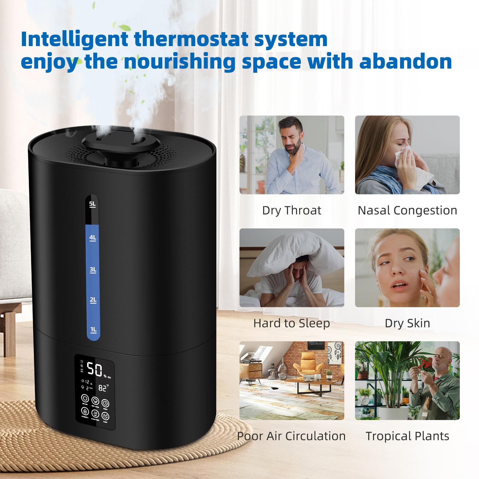 5L Humidifiers for Bedroom and Plants, Ultrasonic Cool Mist Humidifiers for Baby home Mist Top Fill Desk Humidifiers Essential Oil Diffuser, Quiet Humidifiers with Adjustable Mist,360°Nozzle-Black