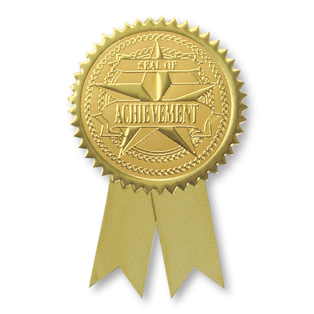 PaperDirect Embossed Seal of Achievement Gold Foil Ribbon Certificate Seals, 2 Inch, Self Adhesive, 100 Count, Embossed Seals for Certificates, Achievement Award Stickers for School, Work, Diploma