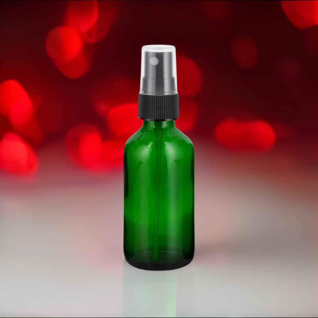 JUVITUS (24 Pack) 2 oz Green Glass Boston Round Bottle with Black Fine Mist Spray + Funnel