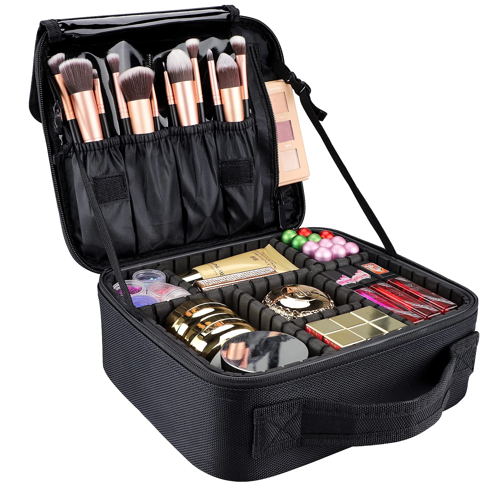 gzcz Travel Makeup Bag,10.4 Inches Portable Makeup Case Cosmetic Train Case Organizer Artist Storage Bag With Adjustable Dividers For Cosmetics Brushes Toiletry Jewelry Digital Accessories (Black)