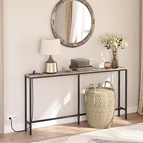 ALLOSWELL Console Table with Power Outlet, 63" Narrow Sofa Table and Bar Stools Set, Rectangular Industrial Bar Chairs, CTHG16E01-BAHG0101