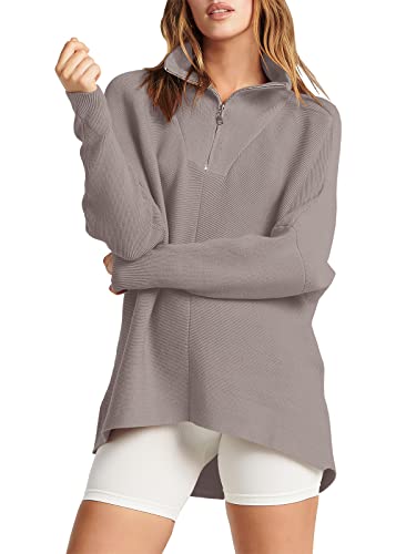 ANRABESS Women's Oversized Half Zip Sweaters 2023 Fall Quarter Zip V Neck Collared Long Batwing Sleeve Casual Loose Baggy Slouchy High Low Hem Knit Wram Tunic Sweater Winter Trendy 758hongxing-M