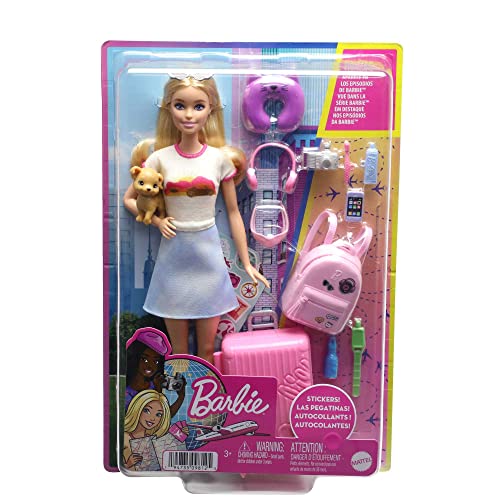 Barbie Doll & Accessories, Travel Set with Puppy and 10+ Pieces, Suitcase Opens & Closes, Malibu Doll with Blonde Hair