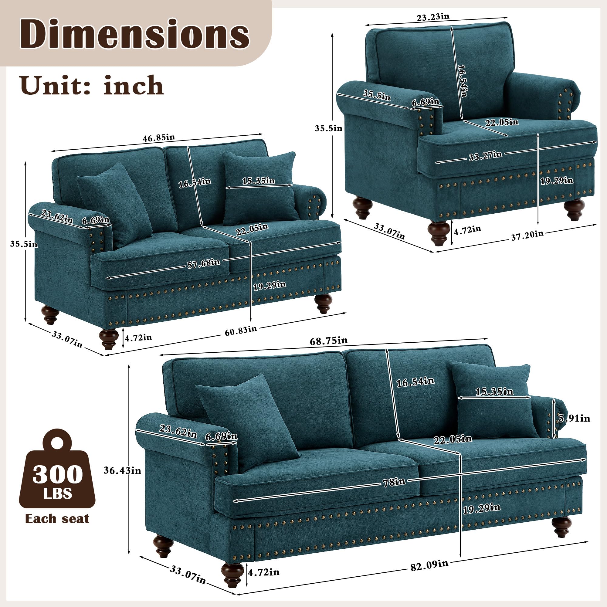 Mid Century Modern Sofa Set, Comfy Chenille Living Room Furniture Sets, Sectional Sofa and Loveseat Set Upholstered Couch Set Nailhead Trim Rolled Arms juegos de muebles de sala (White, 3 Piece)